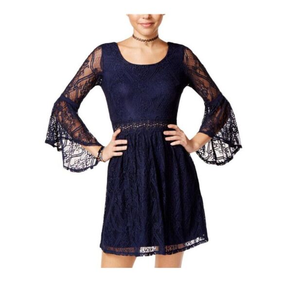BCX | Dresses | Bcx Womens Navy Bell Sleeve Short Party Fit Flare Dress ...